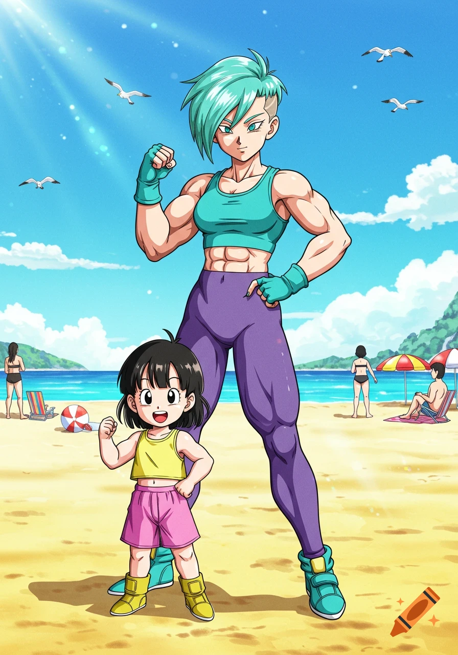 Two anime women in swimsuits flex their muscles on a sunny beach. on ...