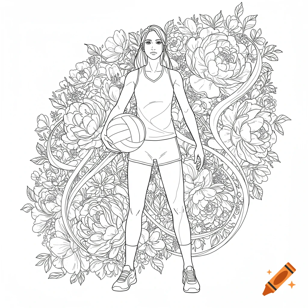 Line art of a woman in athletic wear holding a volleyball, surrounded ...