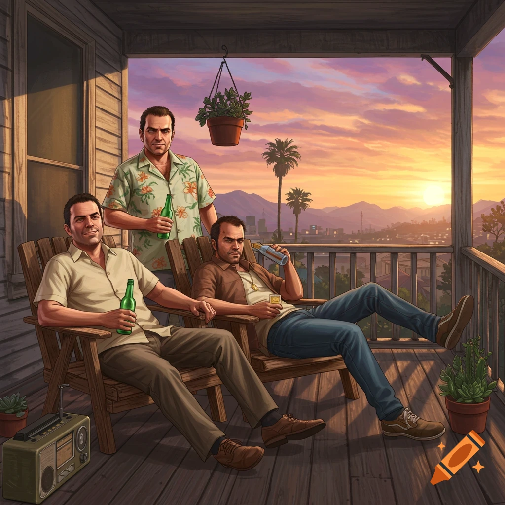 Three men, resembling characters from GTA V, relax on a porch at sunset ...