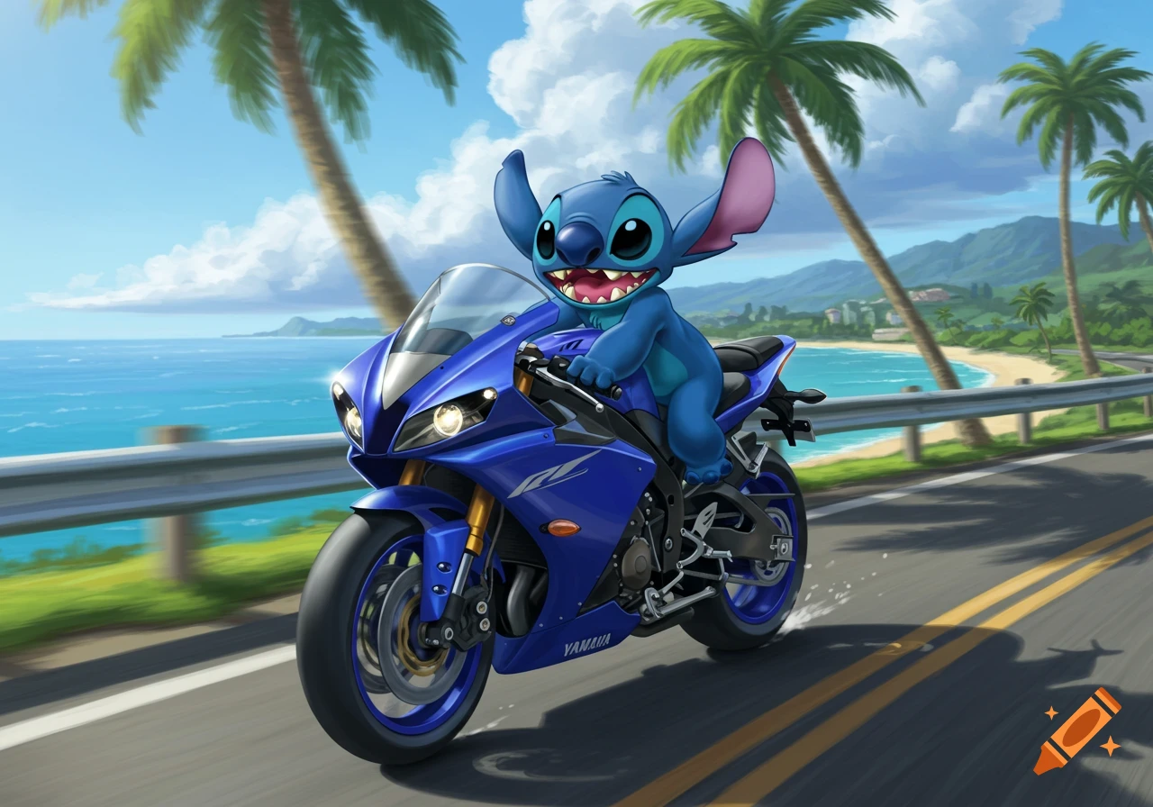 Stitch rides a blue Yamaha R1 motorcycle down a coastal road with palm ...
