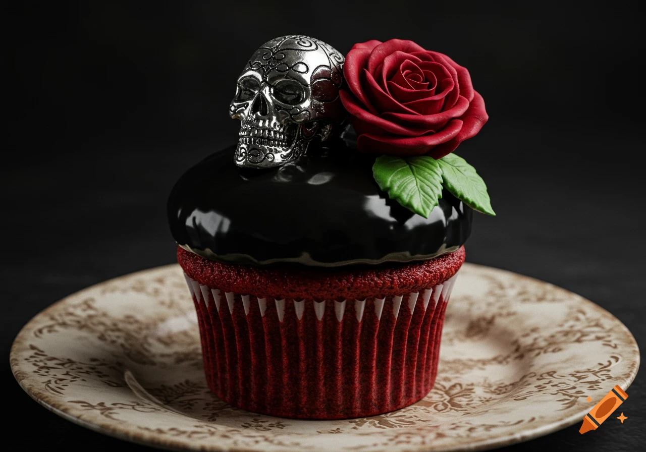 A red velvet cupcake topped with shiny black icing, a detailed silver ...