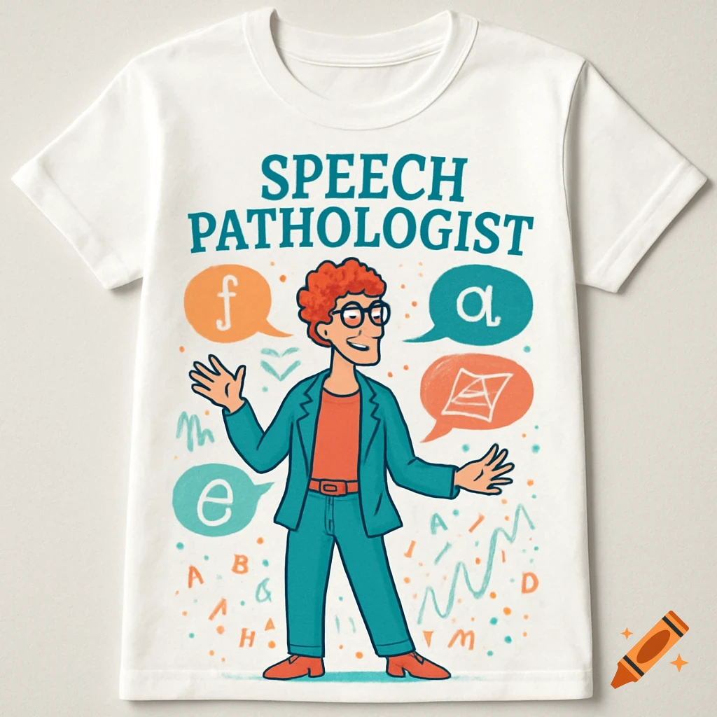 Cartoon of a speech pathologist on a white t-shirt, surrounded by ...