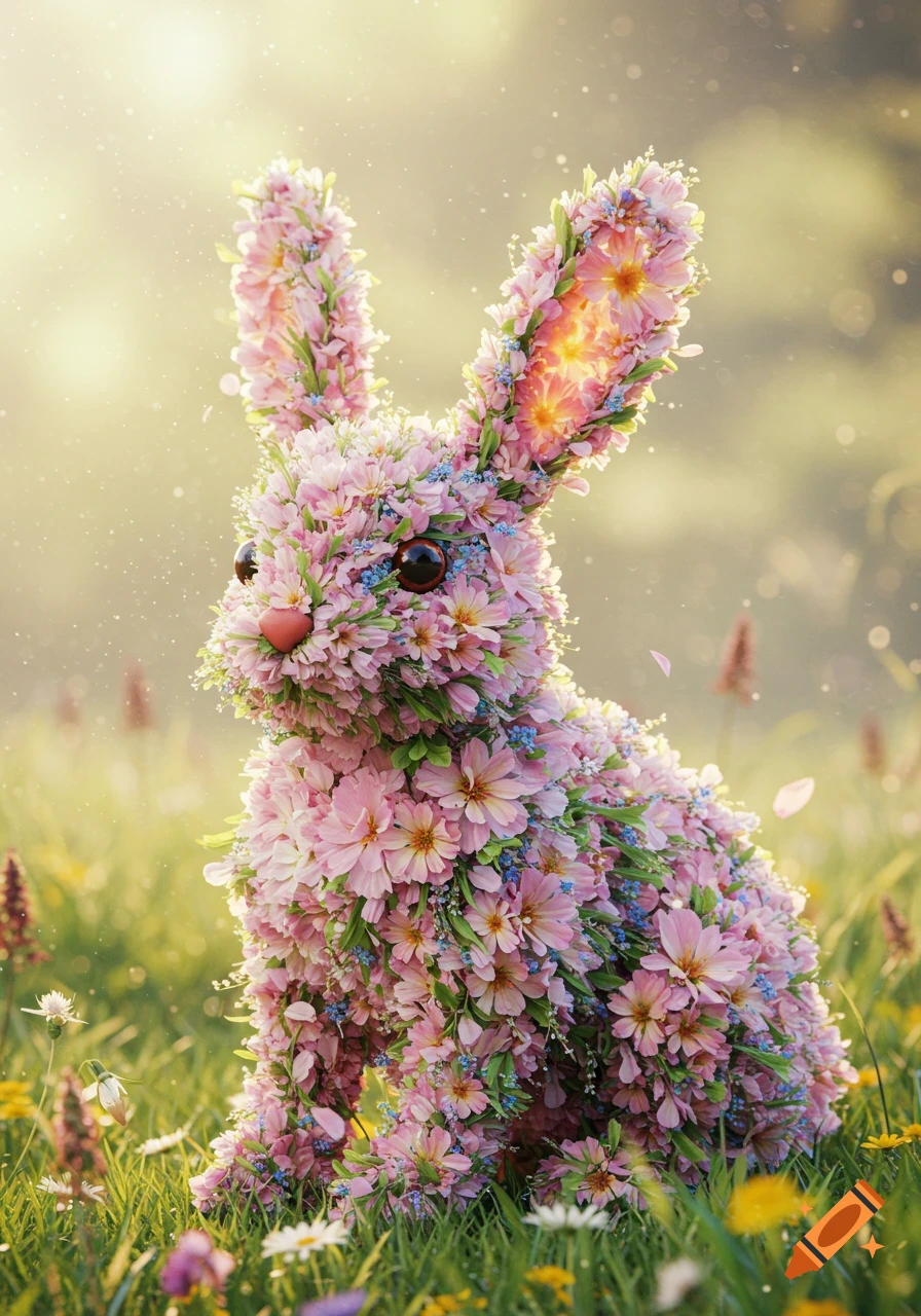 A cute rabbit made of pink and blue flowers sits in a sunlit grassy ...