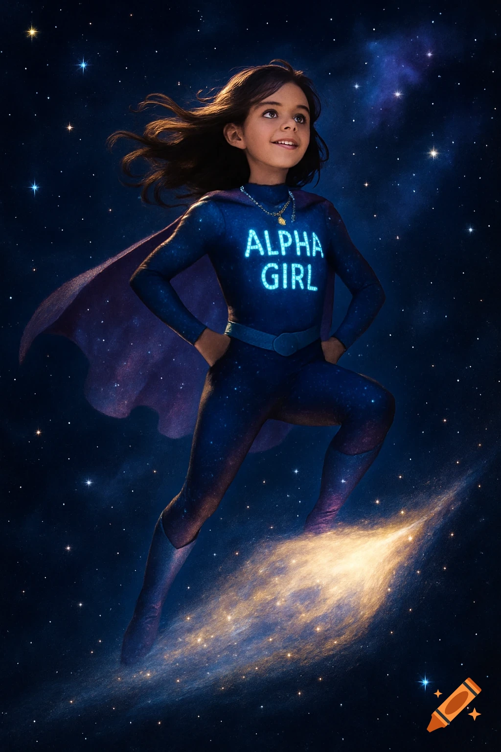 A young girl in a blue superhero costume with 'ALPHA GIRL' on her chest ...