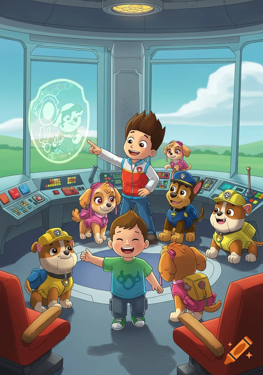 A colorful cartoon of Ryder from Paw Patrol pointing at a holographic ...