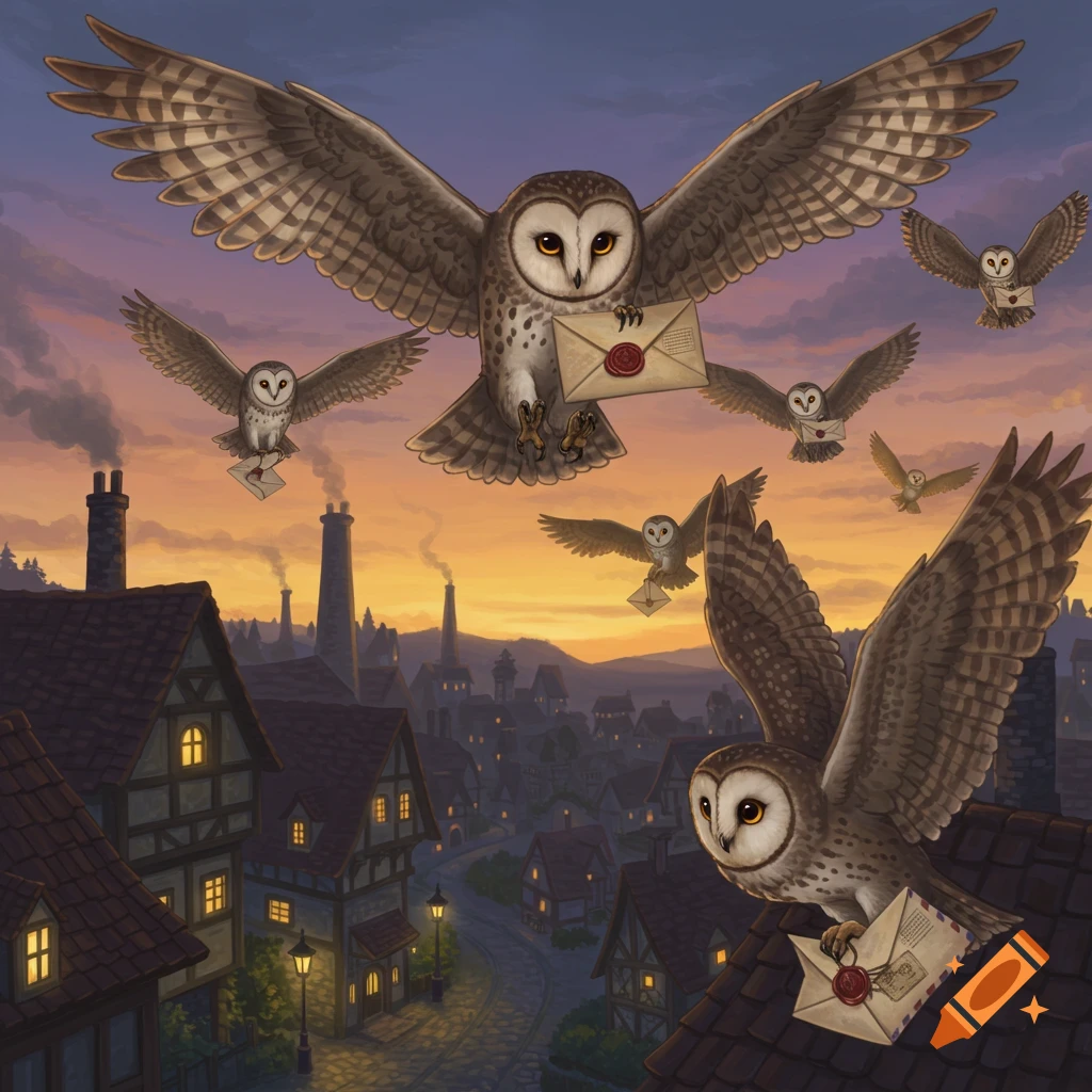 Multiple barn owls fly over a fantastical European-style town at sunset, each carrying a sealed ...
