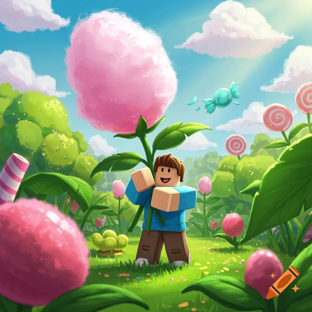 A Roblox character holds a giant pink cotton candy flower in a ...