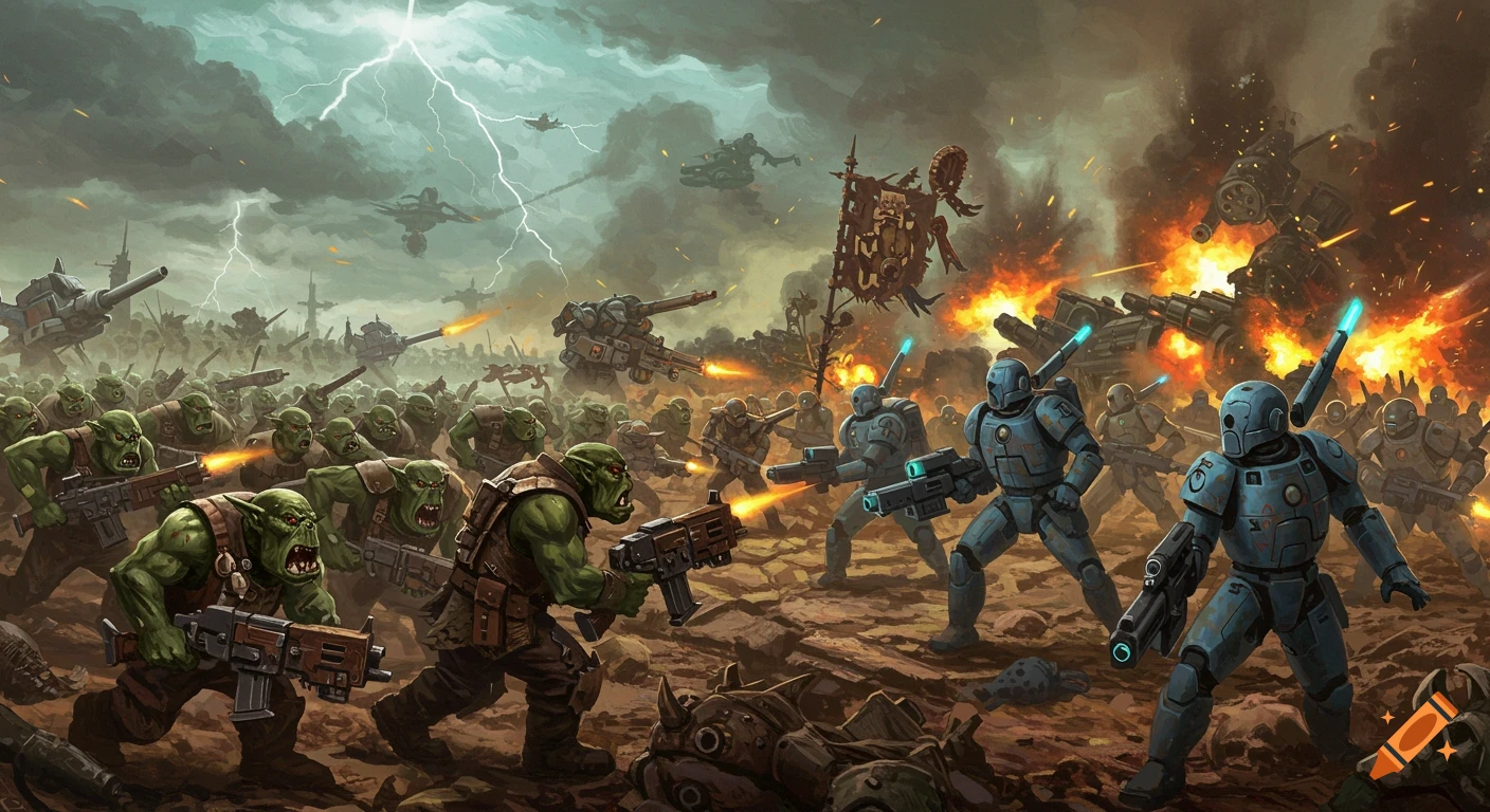 Warhammer 40k Orks battle Tau soldiers on a stormy battlefield with lightning and explosions. on ...