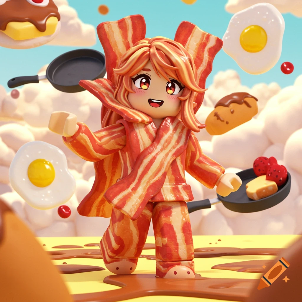 A smiling Roblox-style character dressed in a bacon costume, holding a ...