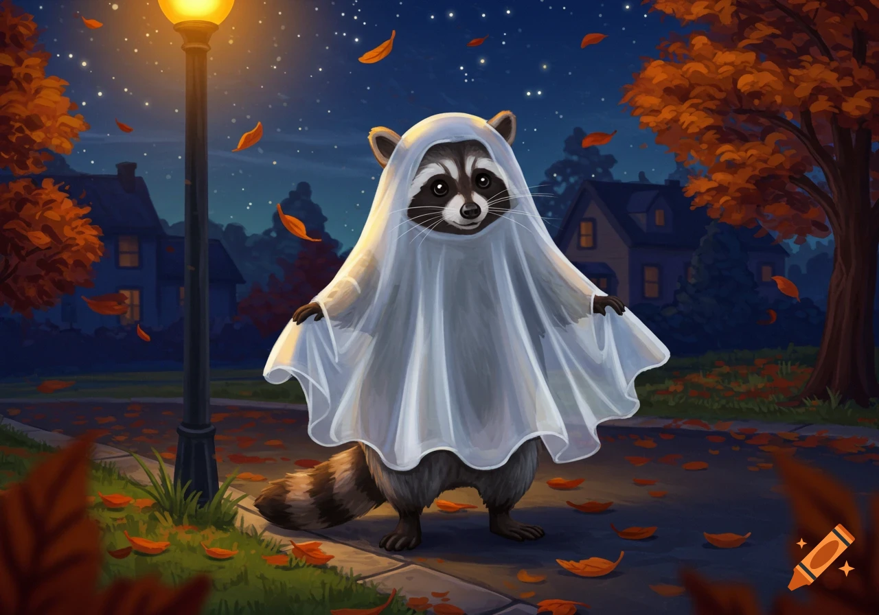 An illustrated raccoon in a ghost costume stands on a sidewalk under a ...