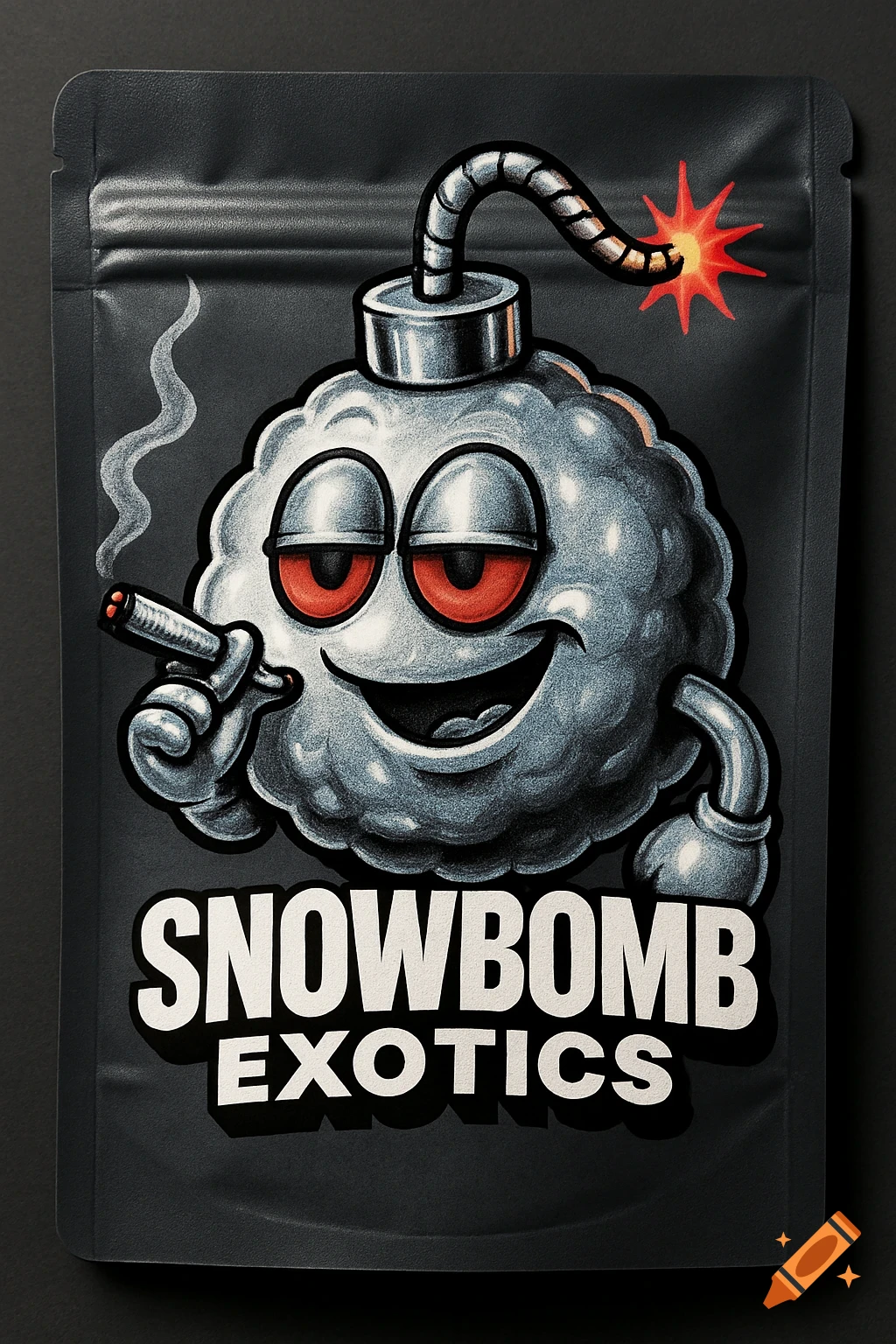 A cartoon snowball bomb character with red sleepy eyes, a smiling mouth ...