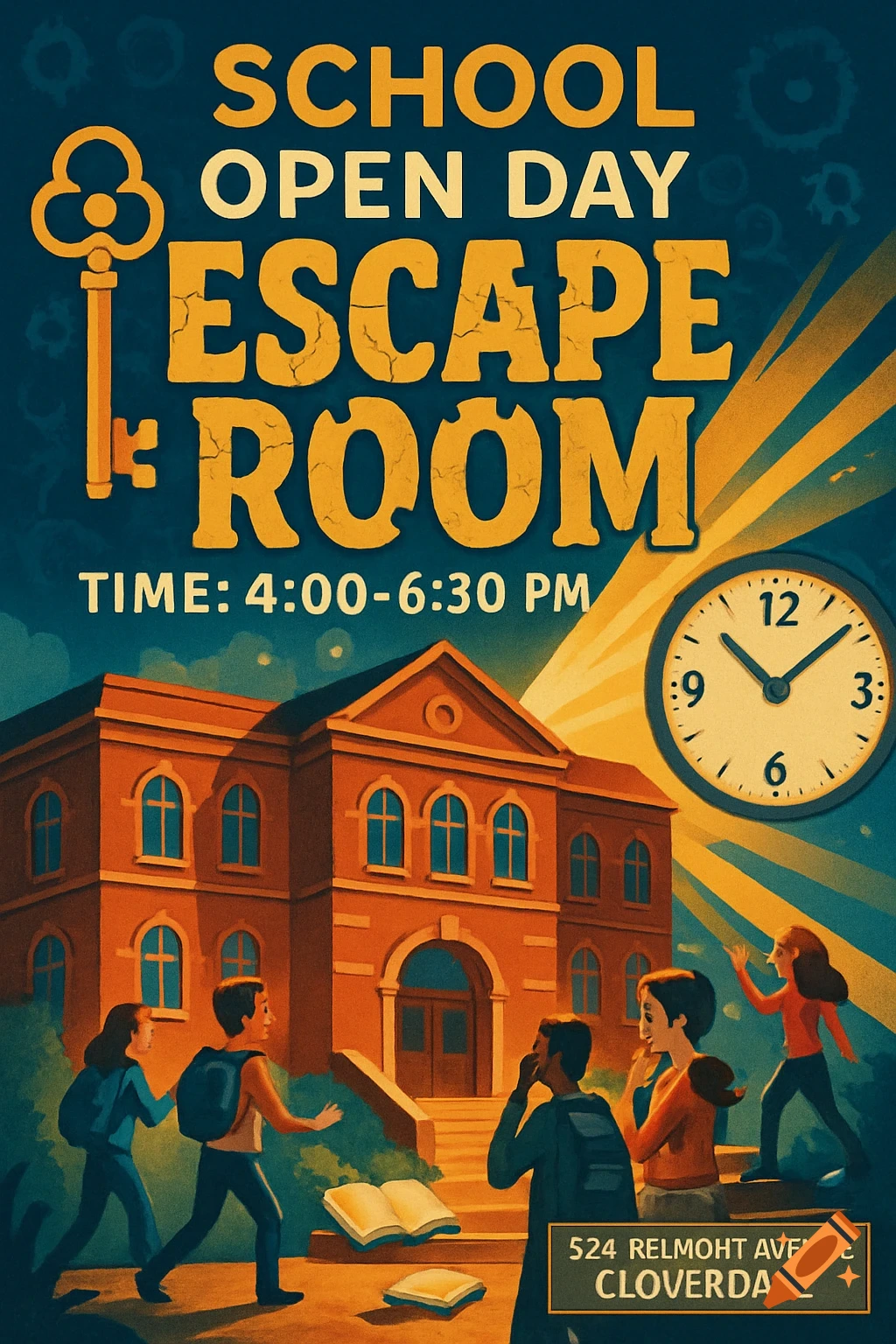 Cartoon poster for a mathematical games workshop with three smiling ...