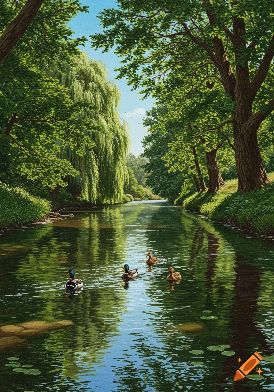 A detailed drawing of a narrow river flowing through a vibrant green ...
