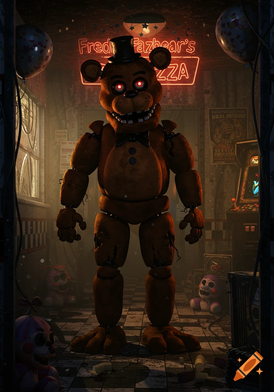 Freddy Fazbear in Splatoon-style gear, including goggles and an ink gun ...