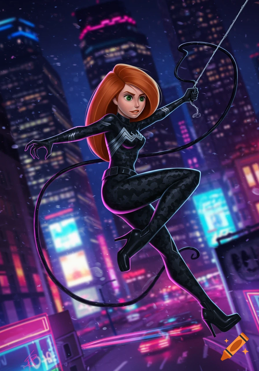 Cartoon of Kim Possible in a black suit, standing on a rooftop at night ...