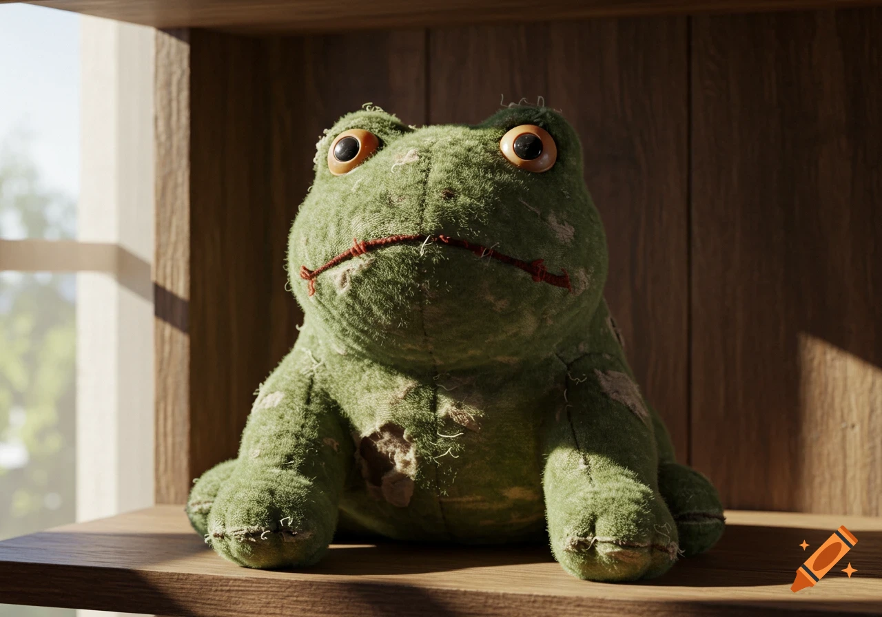 A worn, green stuffed toy frog with large orange eyes and a stitched ...