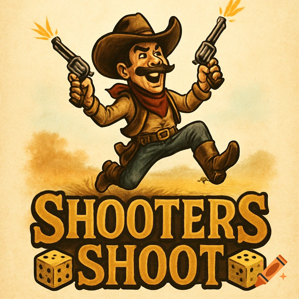 Cartoon cowboy character jumping, holding two smoking pistols, above ...