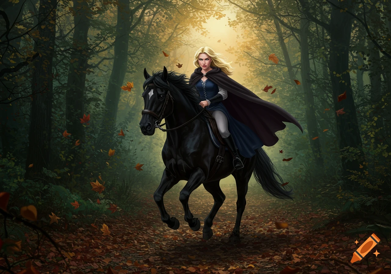 A determined blonde woman in a dark cloak rides a black horse through ...