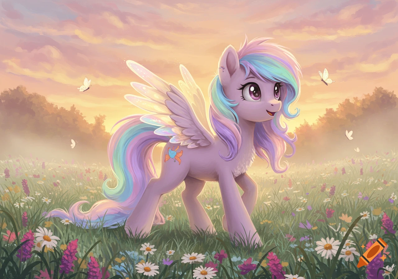 A cute, light purple My Little Pony-style character with a rainbow mane ...
