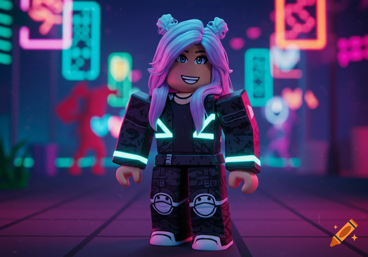 A detailed female Roblox avatar with blue and purple hair stands in a ...