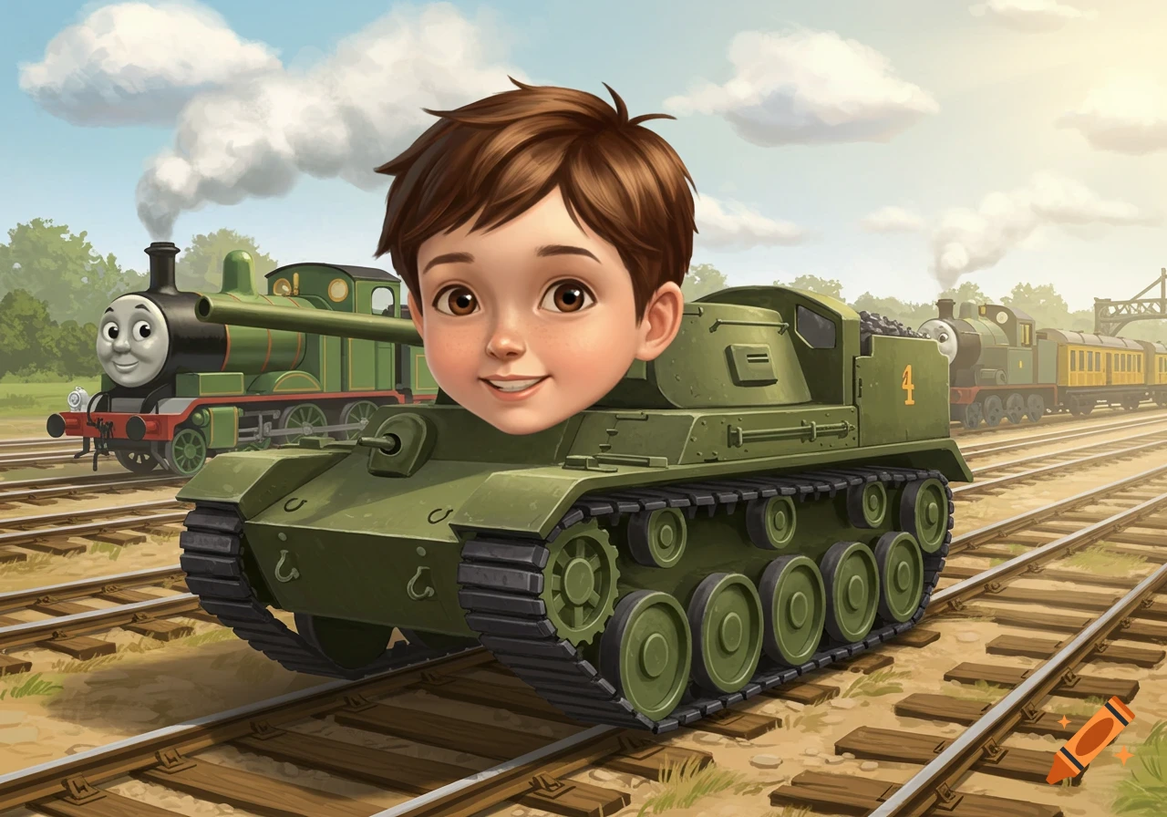 A cartoon boy's head on a green tank, with a green train resembling ...