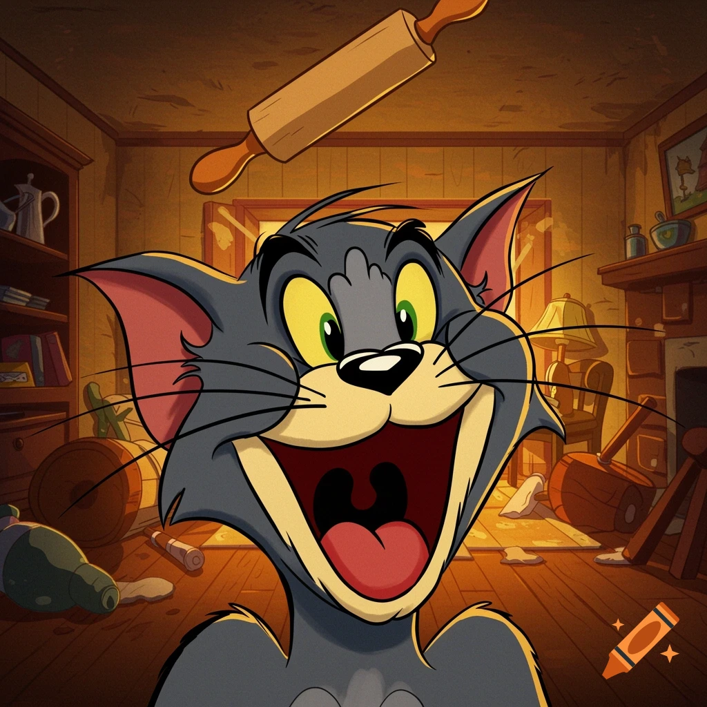 Tom the cat lunges playfully at Jerry the mouse, who runs with a large ...