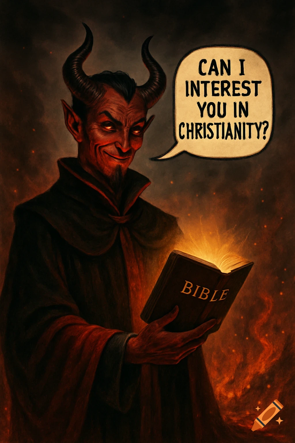 A grinning red-skinned devil with horns holds a glowing open Bible ...