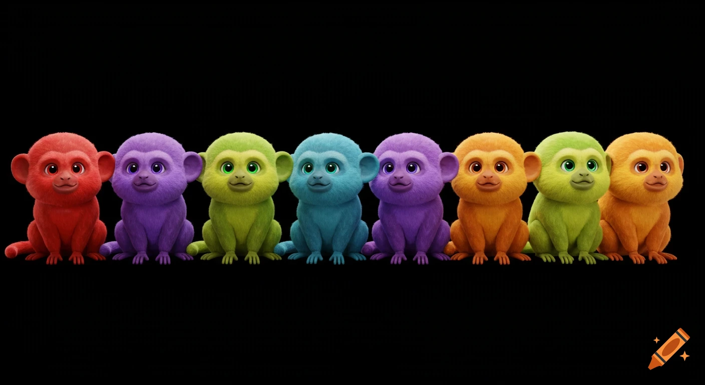 Seven cute cartoon marmoset monkeys in rainbow colors against a black ...