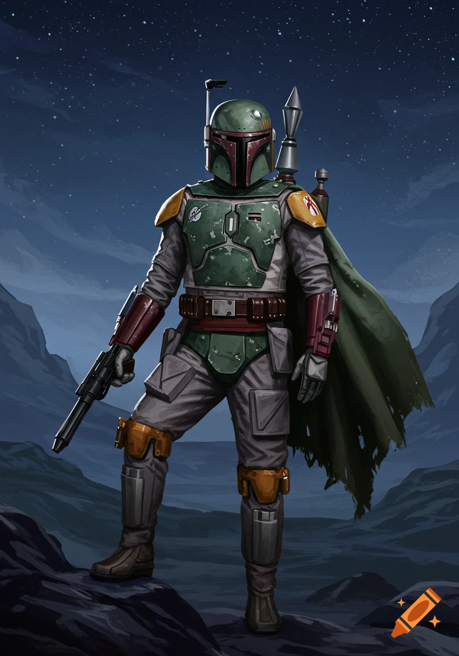 Illustrated Boba Fett in full armor stands on a rocky planet under a ...
