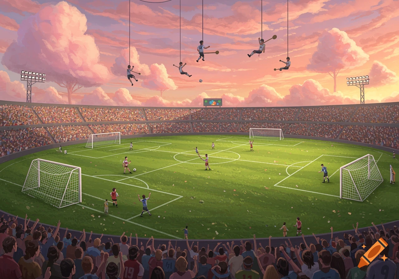 A fantastical soccer game in a large stadium at sunset, with players on ...