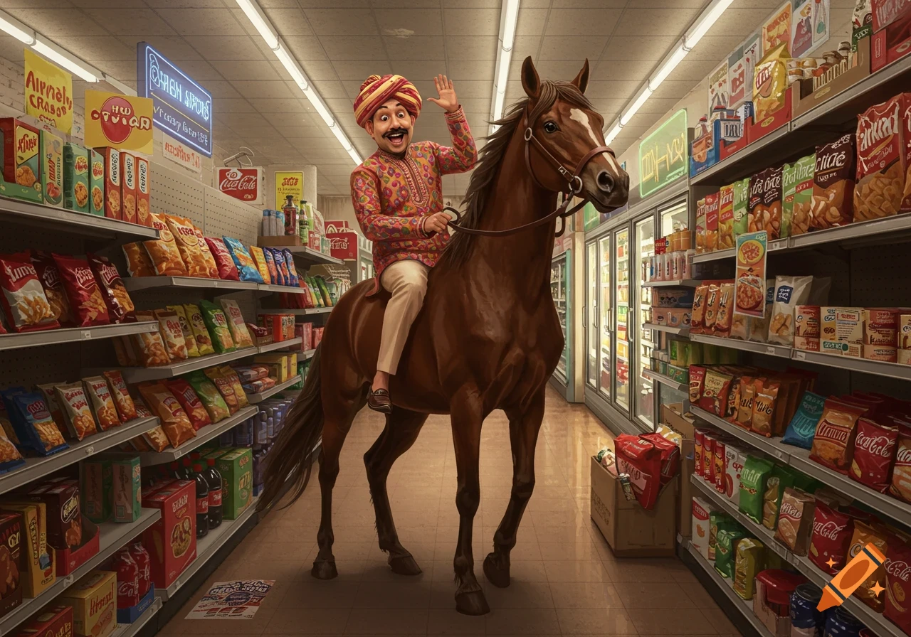 An Indian man wearing a turban rides a brown horse through the aisle of ...