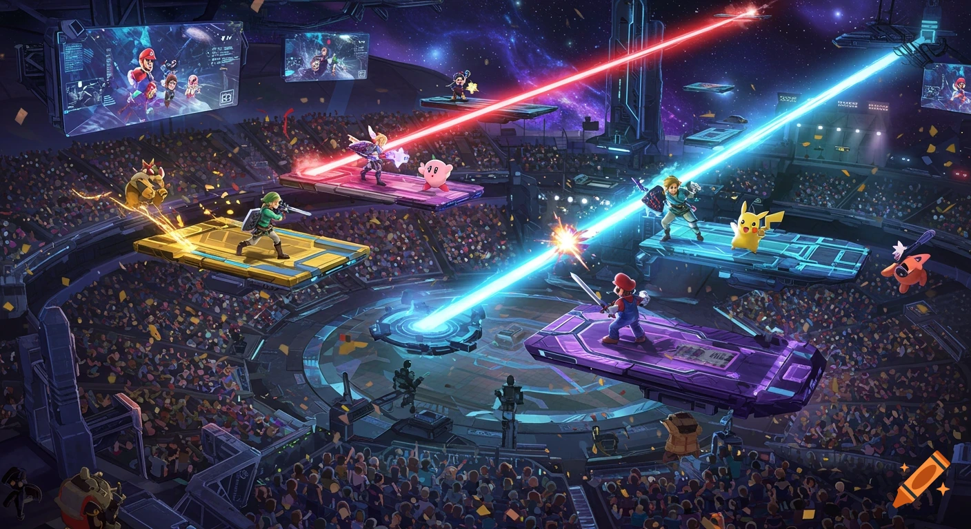 Three stylized video game characters stand on green grass at sunset: a ...