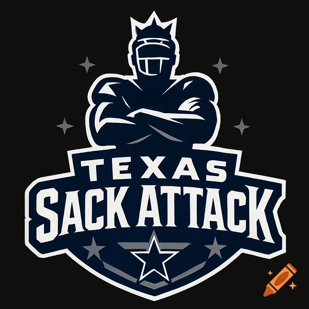 A fantasy football team logo for "Texas Sack Attack" featuring a football player in a crown with ...
