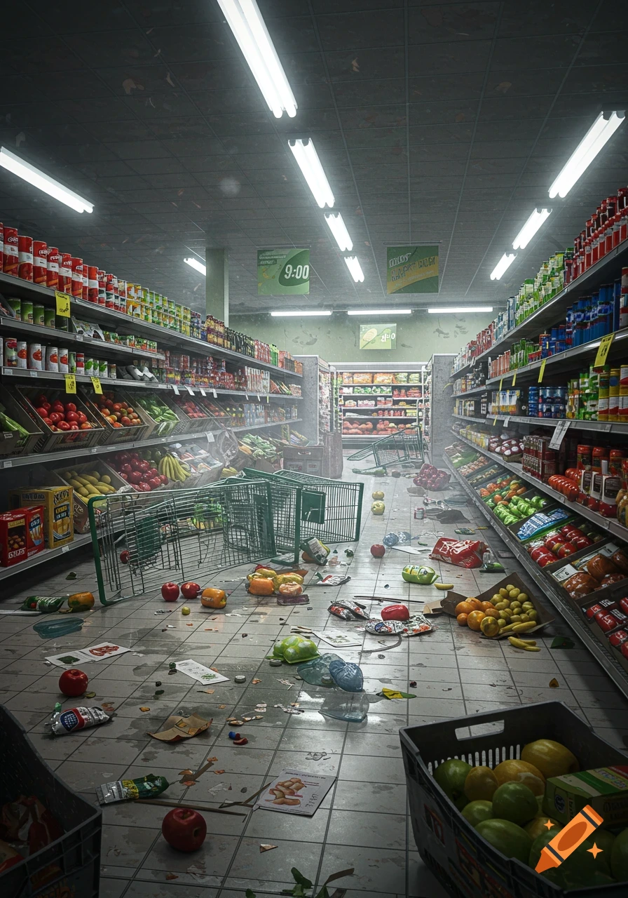 A photorealistic image of a messy, destroyed grocery store aisle with ...