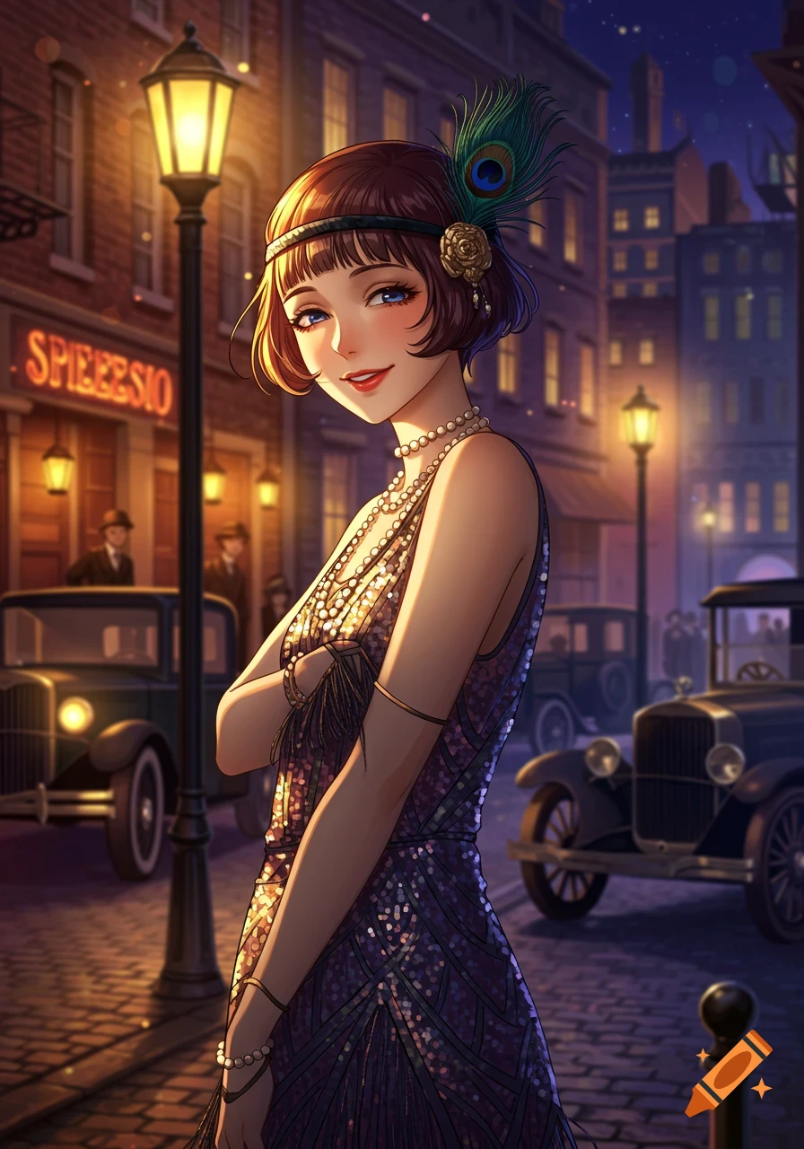 An anime-style drawing of a flapper woman in a sparkly dress and ...