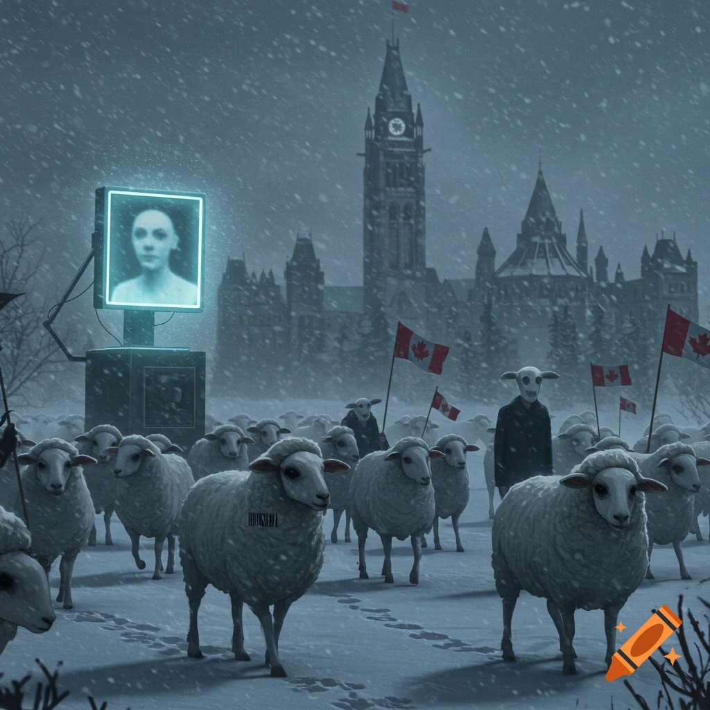 Dystopian scene of humanoid sheep with blank faces and barcode tattoos ...