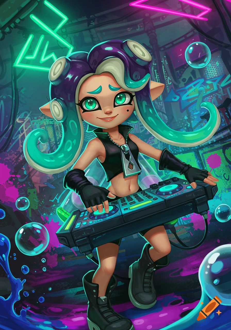 A smiling Octoling character from Splatoon, Marina, in a black outfit ...