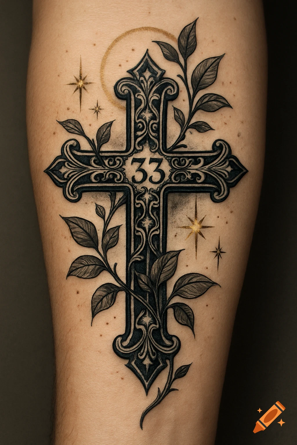 An ornate black Catholic cross tattoo with filigree details and the ...