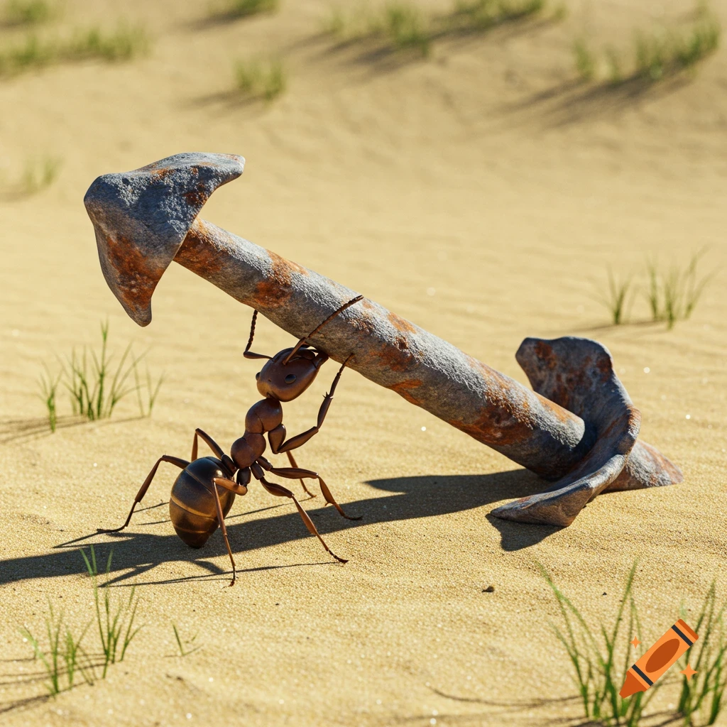A realistic ant carries a large rusty railroad spike across sandy ...