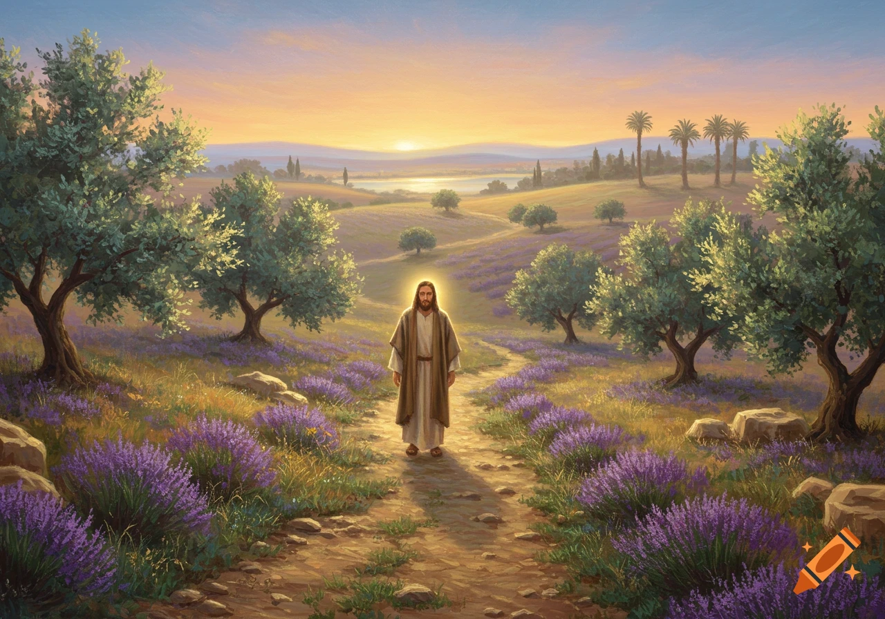 A painting of Jesus Christ walks on a dirt path through a field of ...
