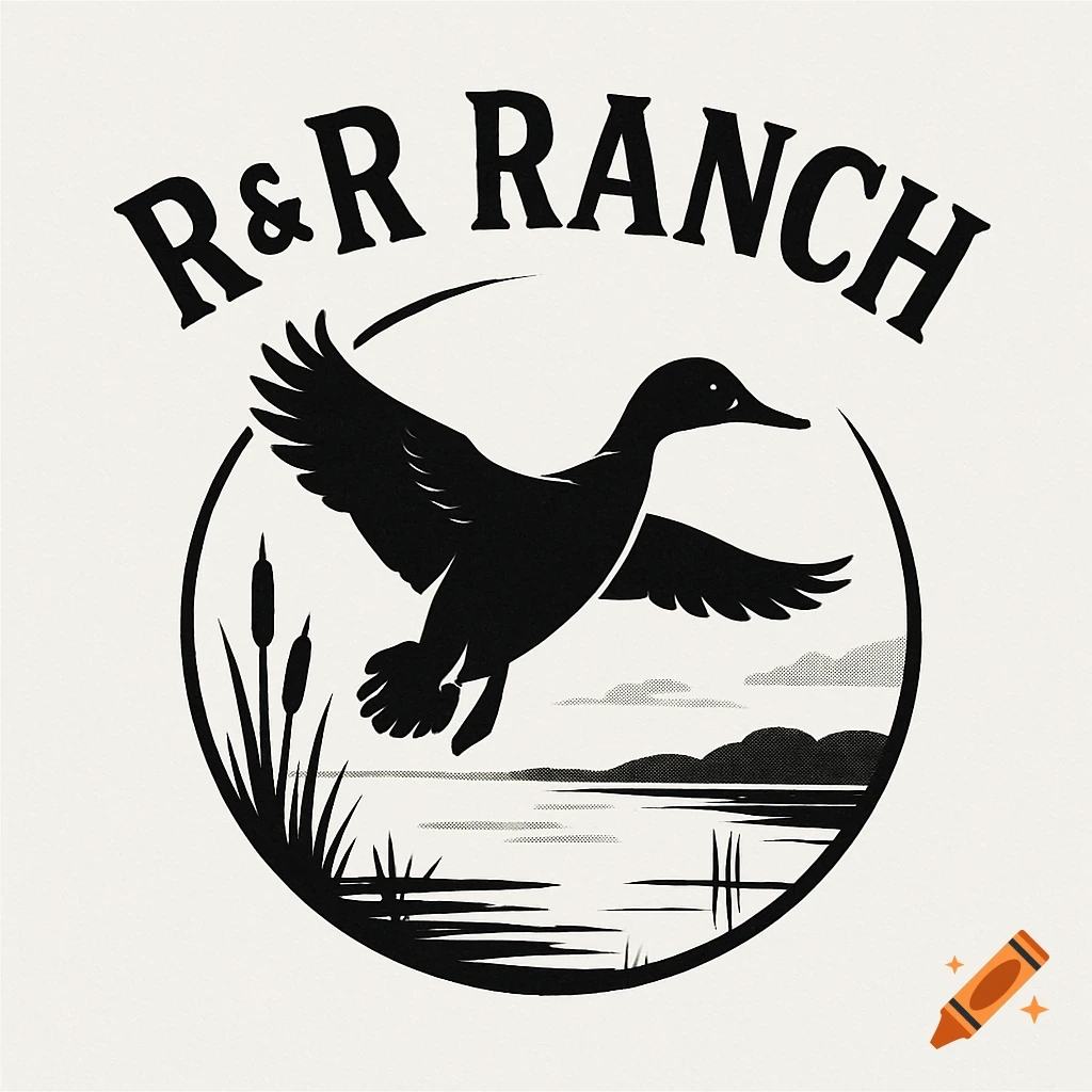 Black and white logo featuring a duck flying over water with cattails ...