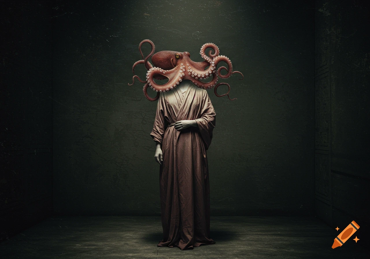 A surreal oil painting of a humanoid figure with an octopus head ...