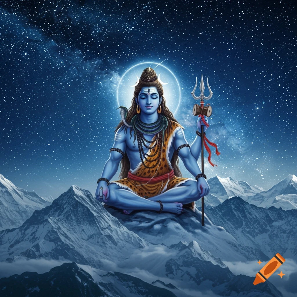 Lord Shiva meditates on a snowy mountain peak under a starry night sky ...