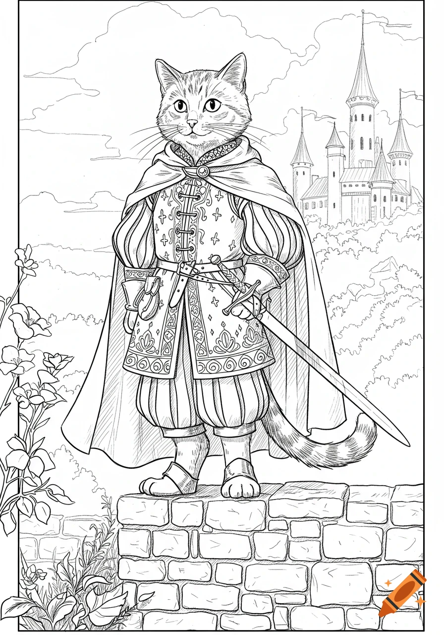 Black and white line art cartoon of a cat in medieval garb with a sword ...