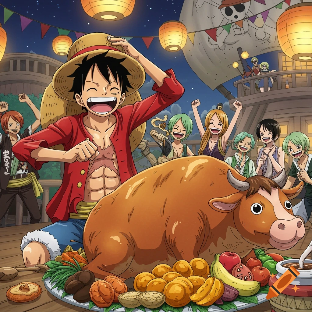 Luffy and the Straw Hat Pirates celebrate with a large roasted cow and ...