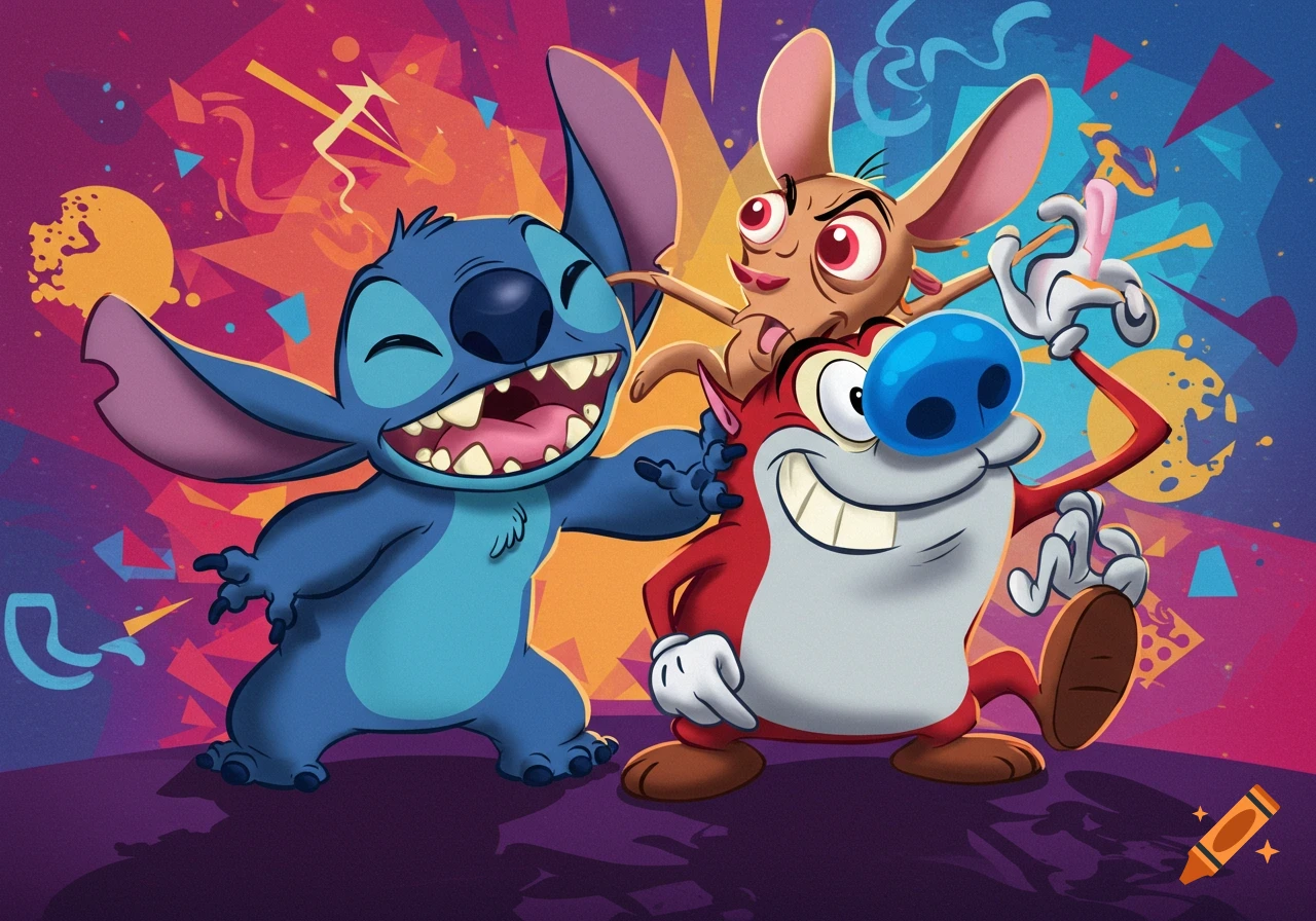Stitch, Ren, and Stimpy cartoon characters smiling and laughing on a ...