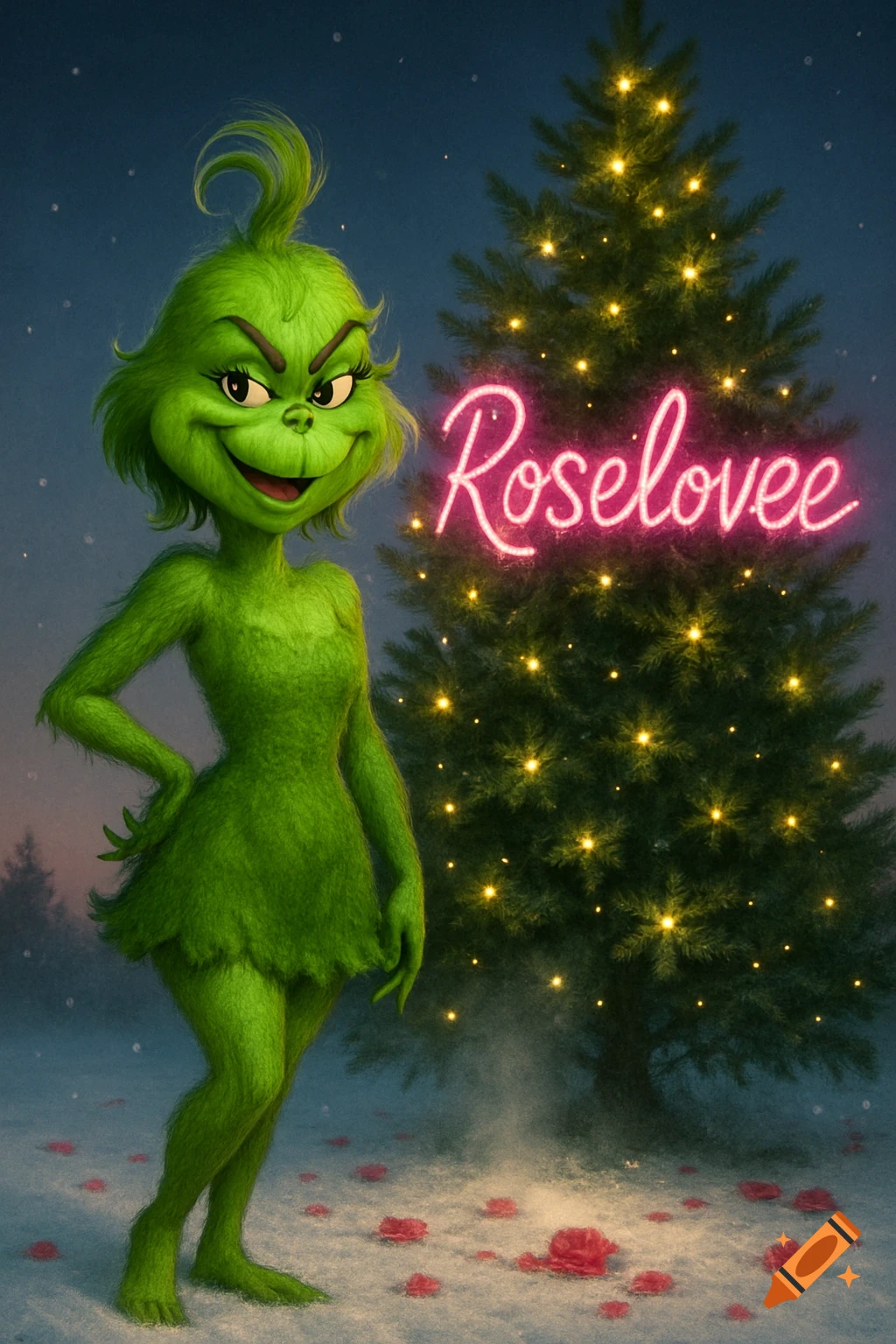 A green, furry Grinch-like character in a green dress stands in the ...