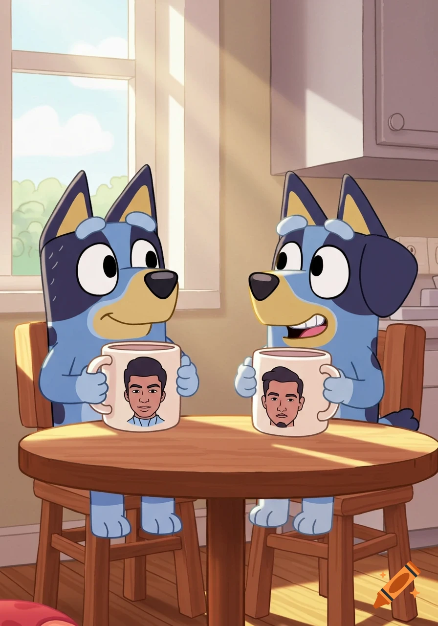 A cartoon blue dog-like character, Bluey, floats through a vibrant ...