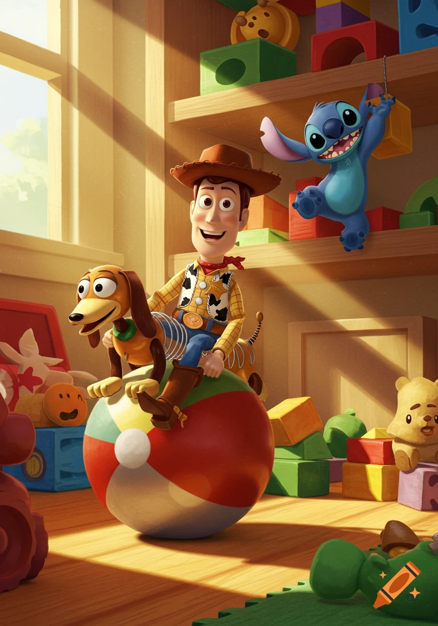 Animated image of Woody and Slinky Dog on a beach ball, with Stitch ...
