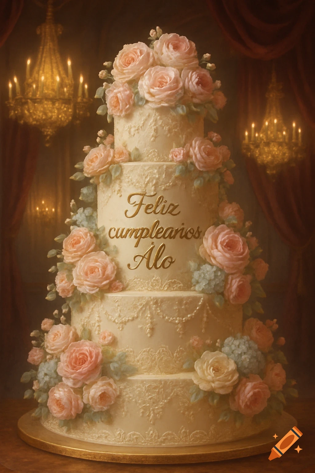 A multi-tiered birthday cake adorned with pink roses and lace, with 'Feliz cumplea The text on ...